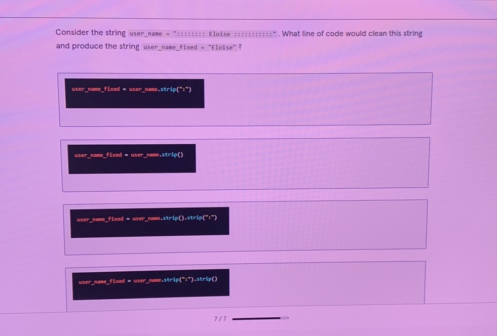Consider the string `user_name = ":::::::: | StudyX