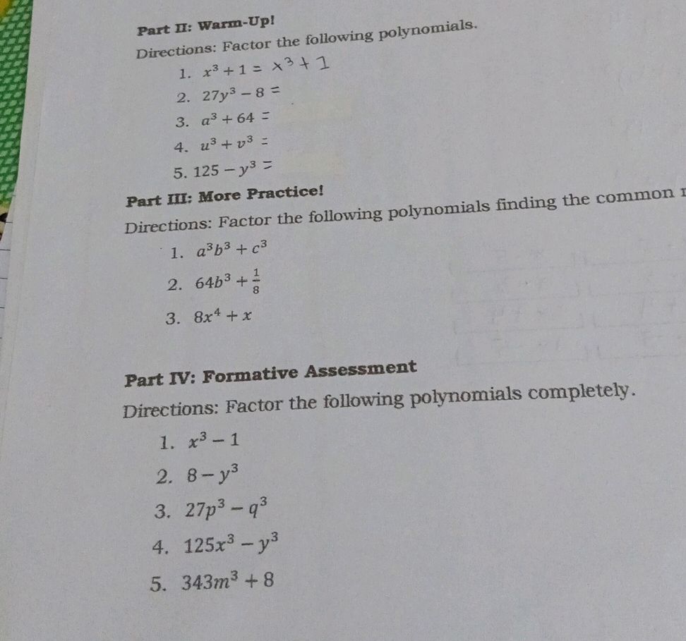 Part II: Warm-Up! Directions: Factor the | StudyX