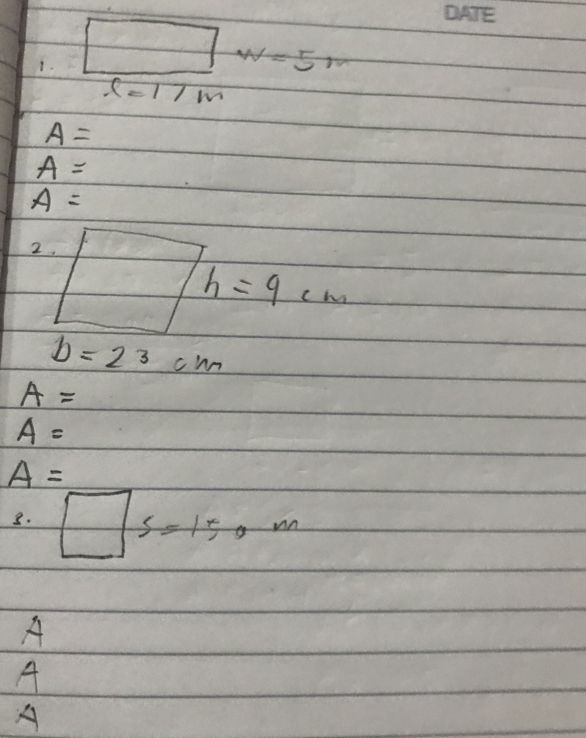 1. $l = 1 m$ $w = 5 m$ A = A = A = 2. | StudyX