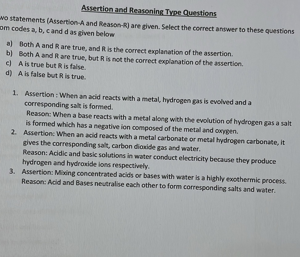 Assertion and Reasoning Type Questions Two | StudyX
