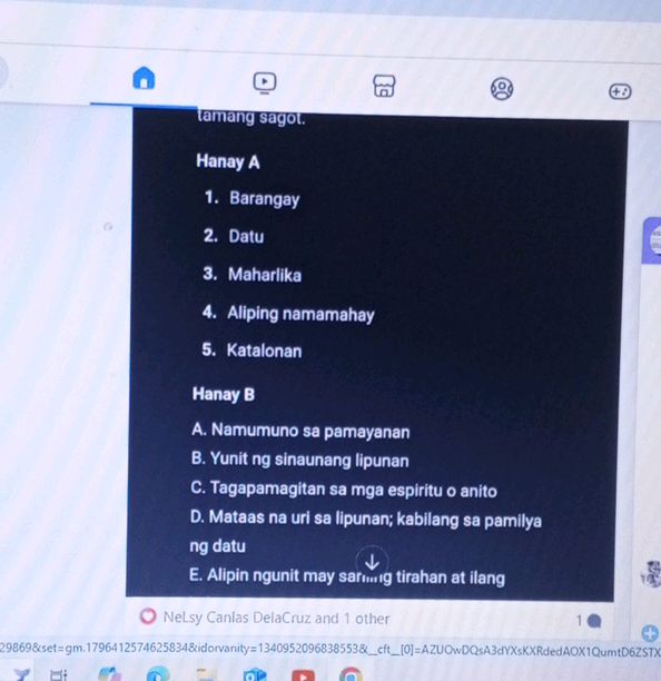 Hanay A 1. Barangay 2. Datu 3. Maharlika 4.