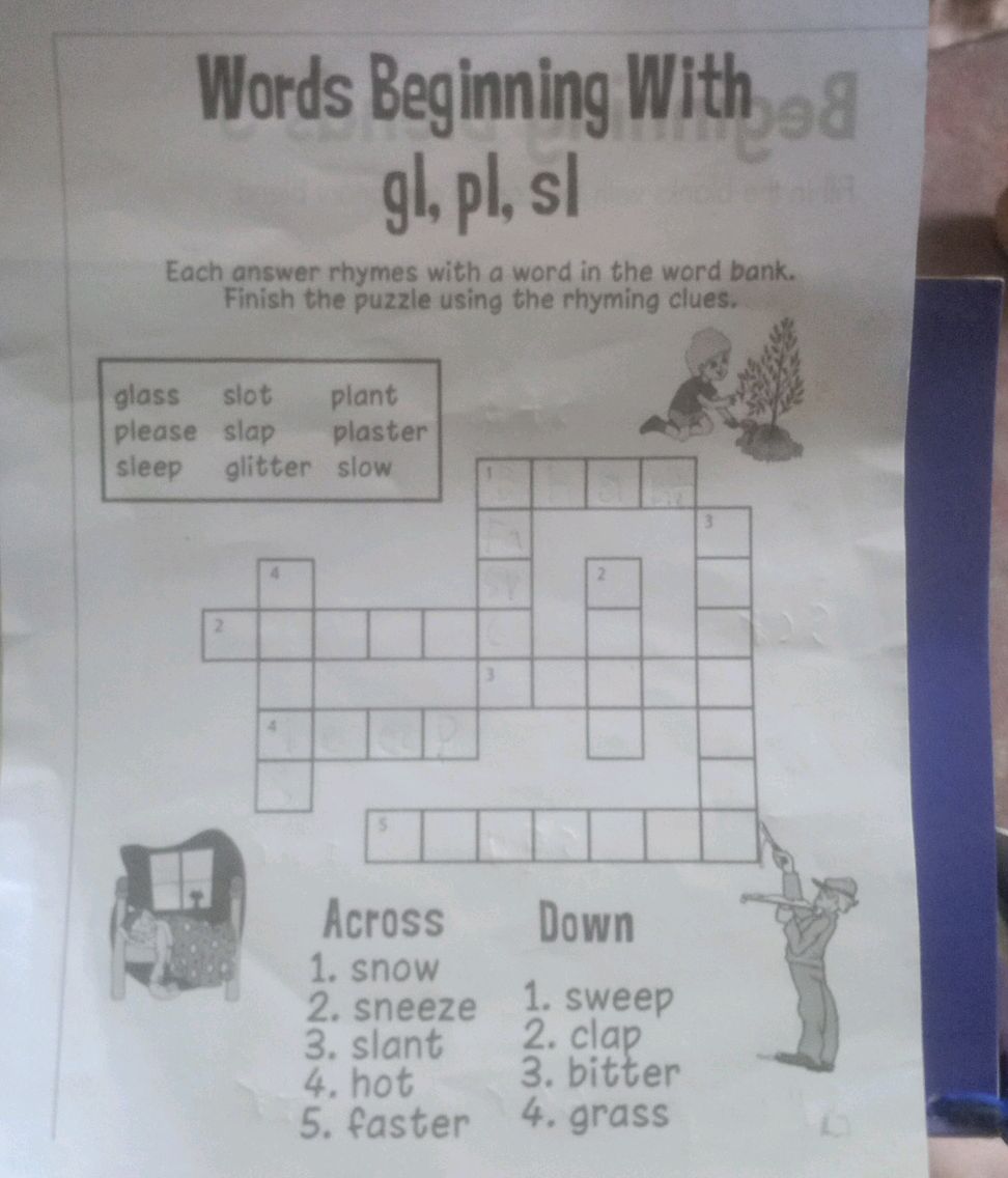 Words Beginning With gl, pl, sl Each answer