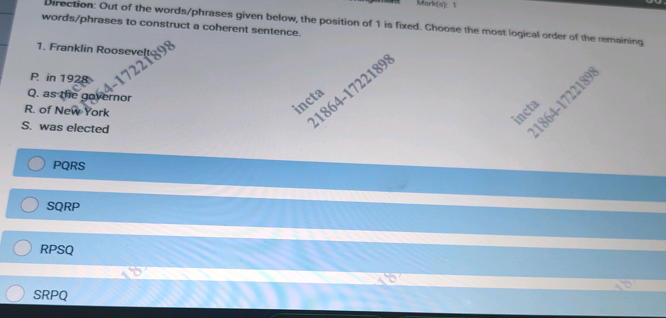 1. Franklin Roosevelt P. in 1928 Q. as the | StudyX