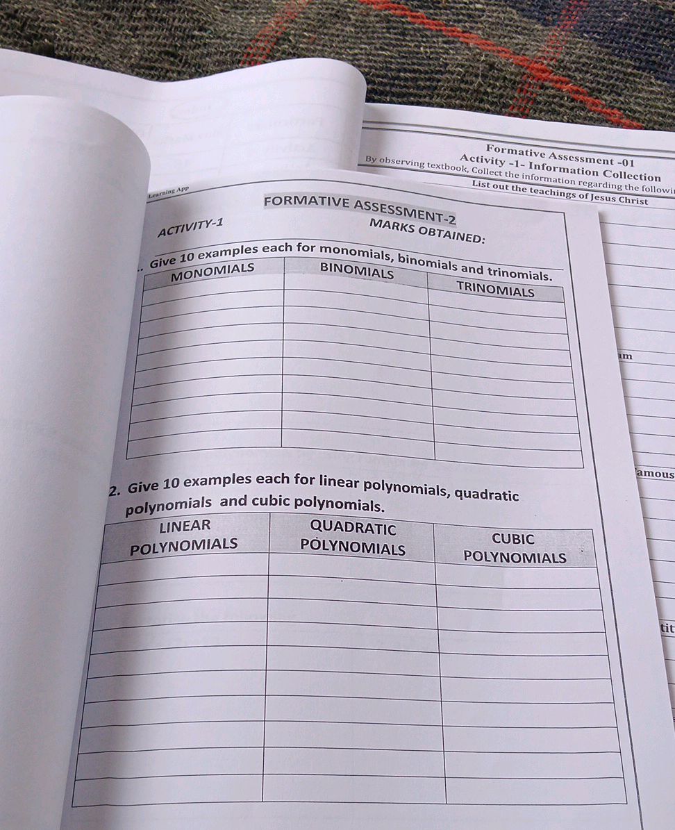 1. Give 10 examples each for monomials, | StudyX