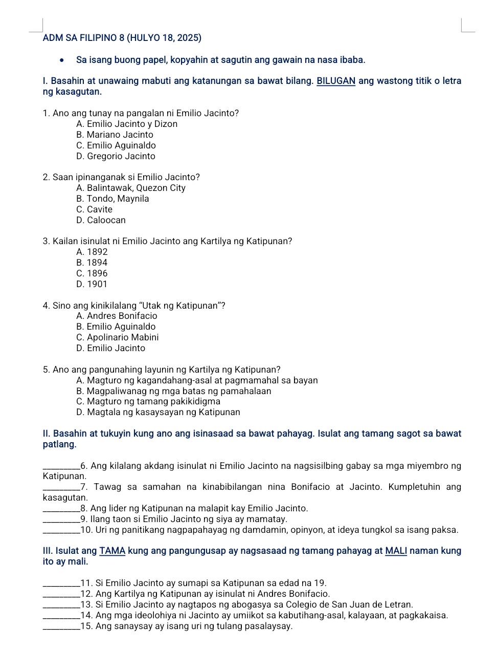 I. Basahin at unawaing mabuti ang katanungan | StudyX