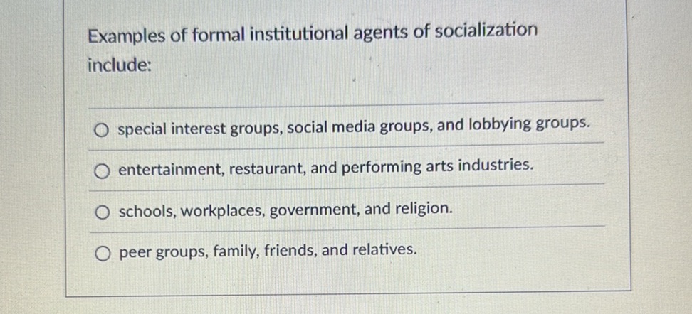 Examples of formal institutional agents of | StudyX