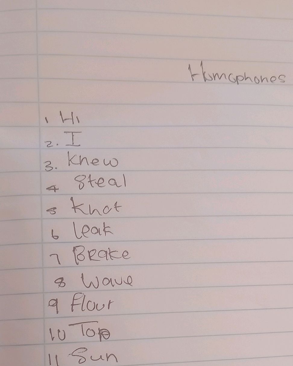 Homophones 1. Hi 2. I 3. knew 4. Steal 5.