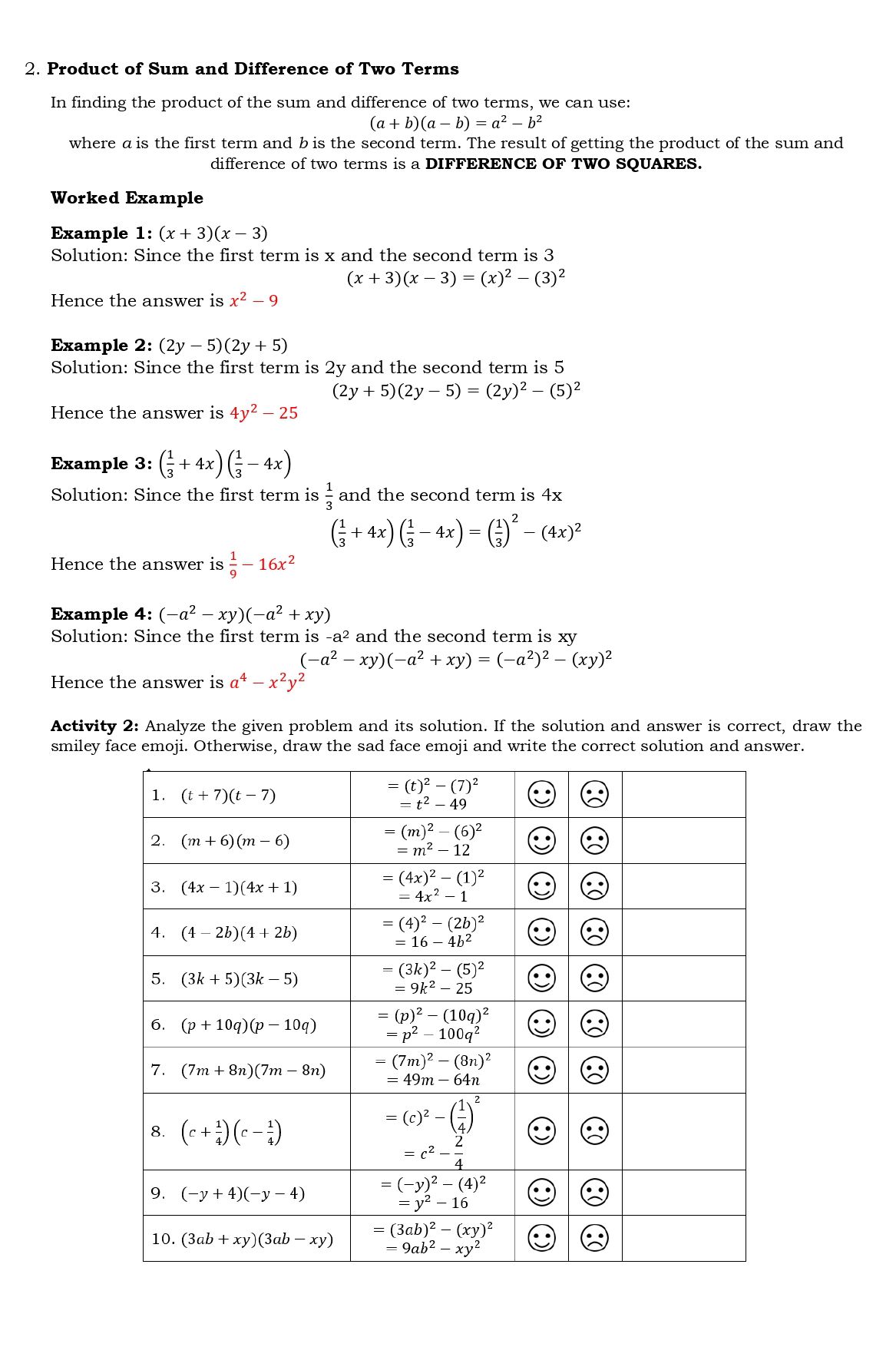 Product of Sum and Difference of Two Terms