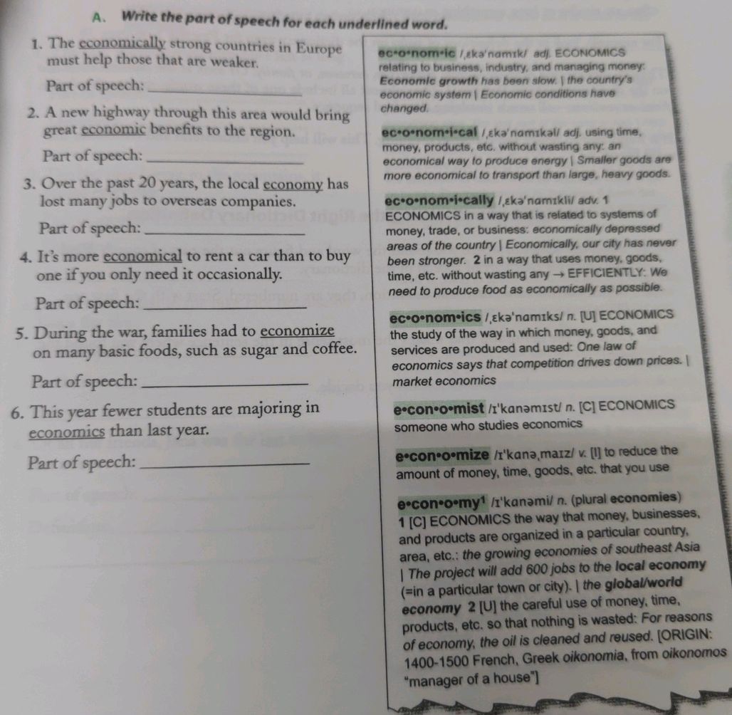 A. Write the part of speech for each