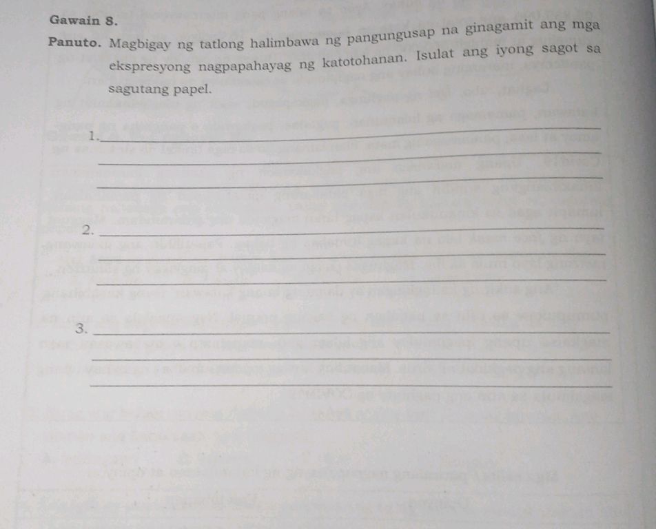 Gawain 8. Panuto. Magbigay ng tatlong | StudyX