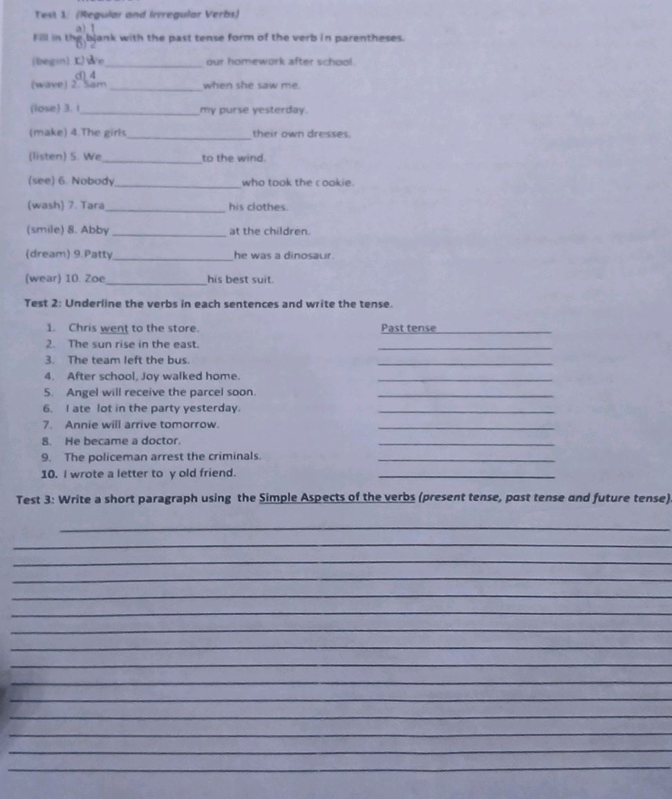 Test 1 (Regular and Irregular Verbs) Fill in | StudyX