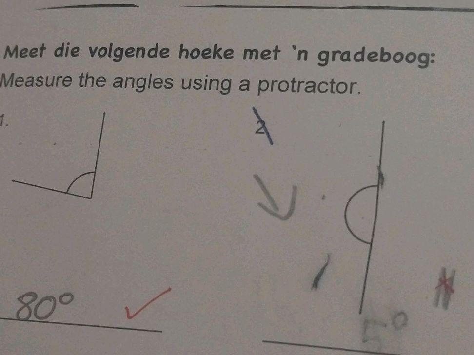 Meet die volgende hoeke met 'n gradeboog: