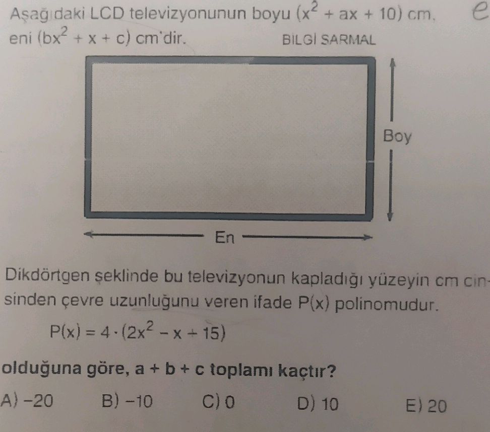 Aşağıdaki LCD televizyonunun boyu $(x^2 + ax | StudyX