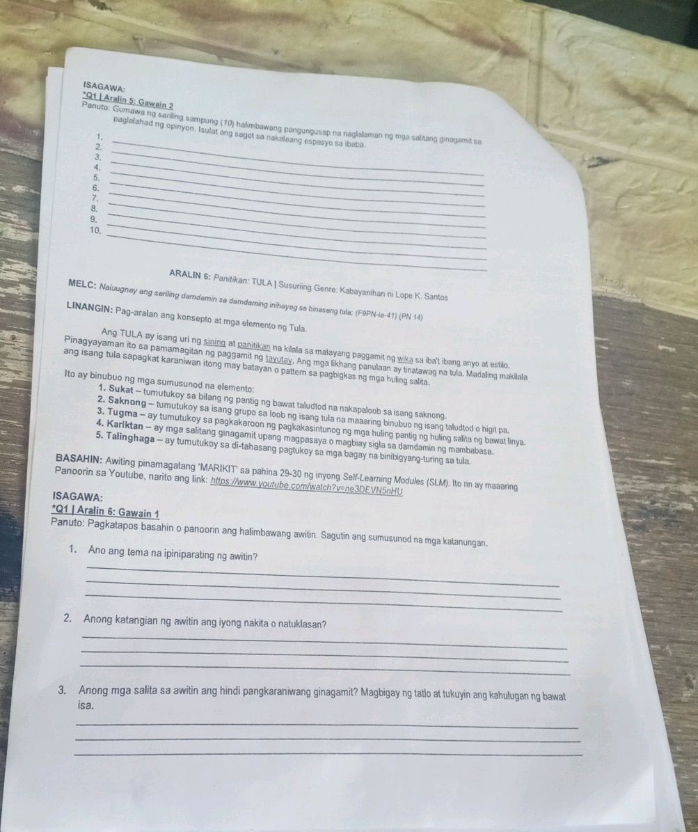 ISAGAWA: *Q1 Aralin 5: Gawain 2 Panuto: | StudyX