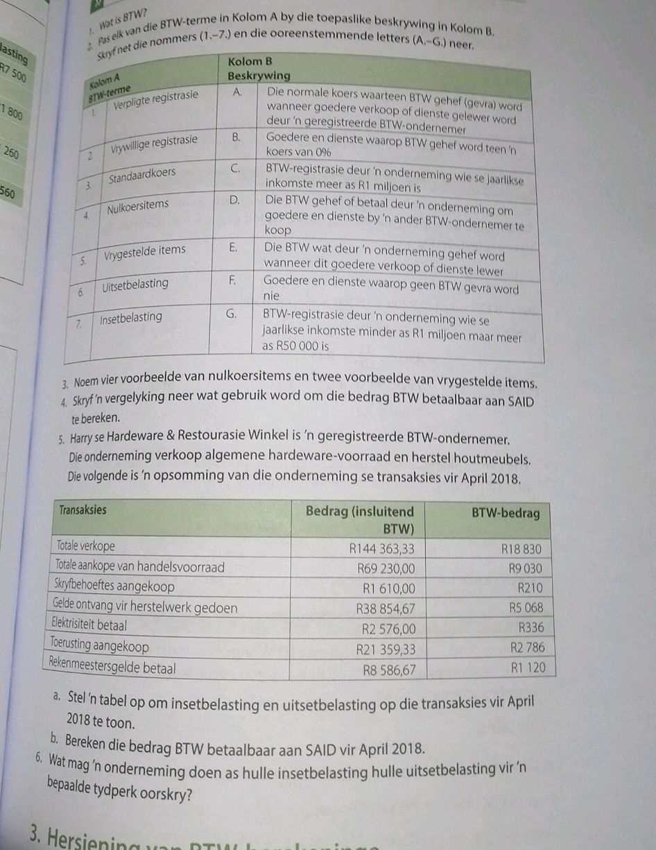 Wat is BTW? 2. Pas elk van die BTW-terme in