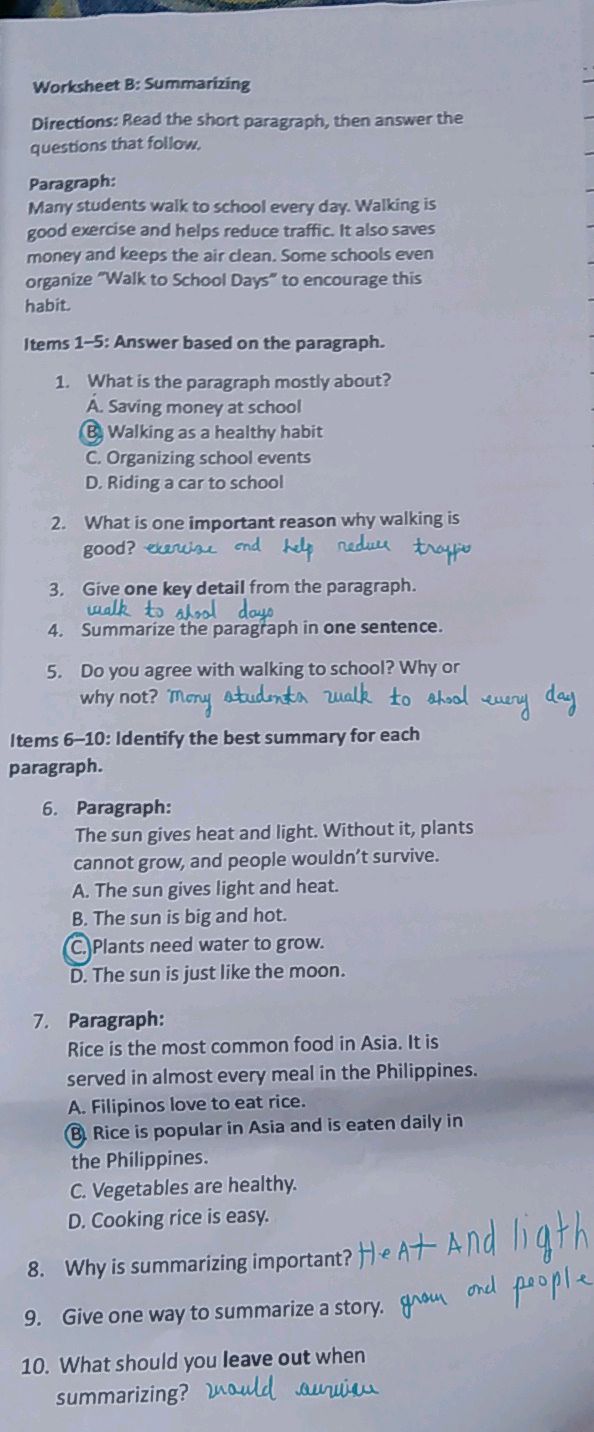 Worksheet B: Summarizing Directions: Read | StudyX