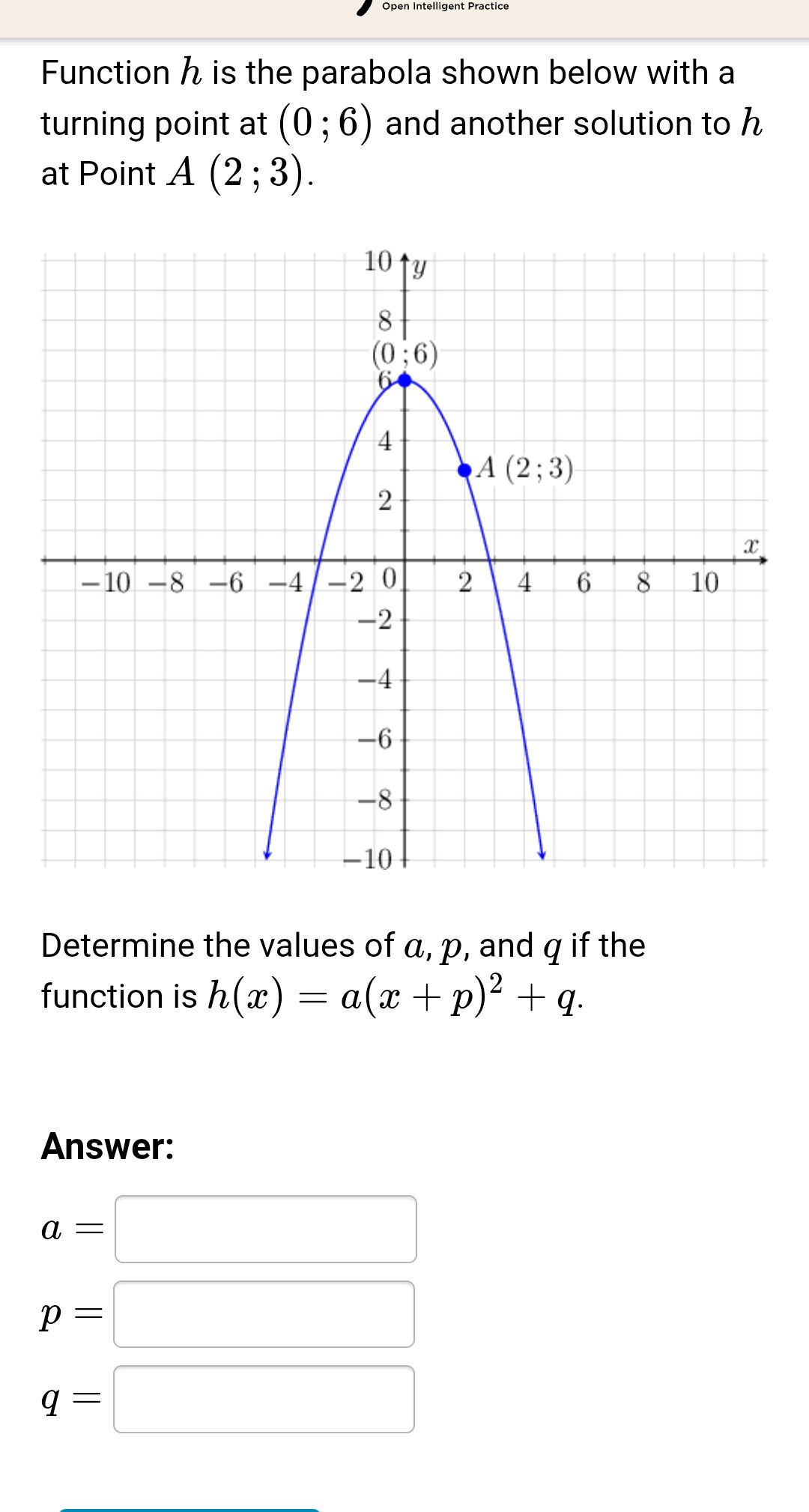 Function h is the parabola shown below with