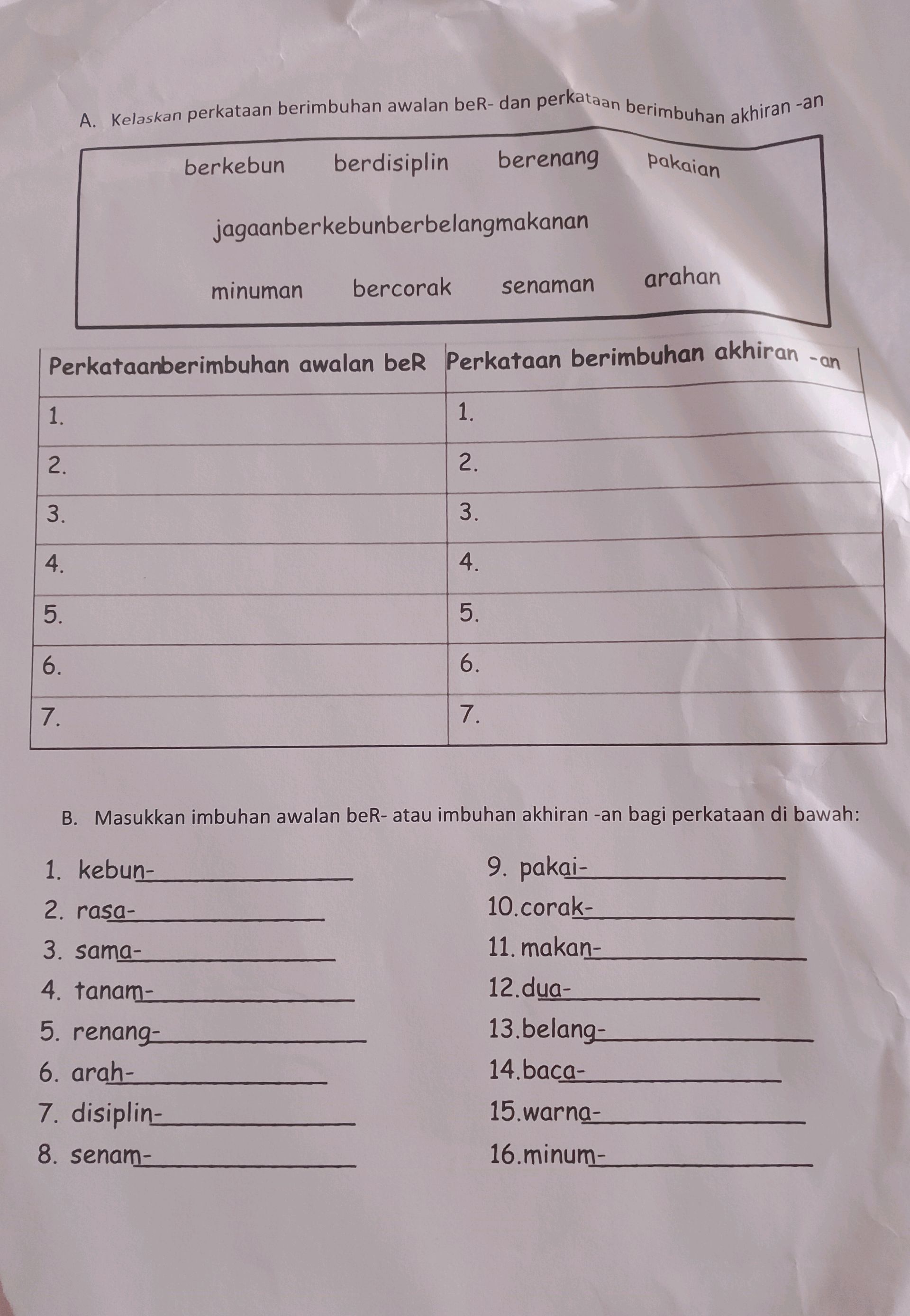 A. Kelaskan perkataan berimbuhan awalan ber-
