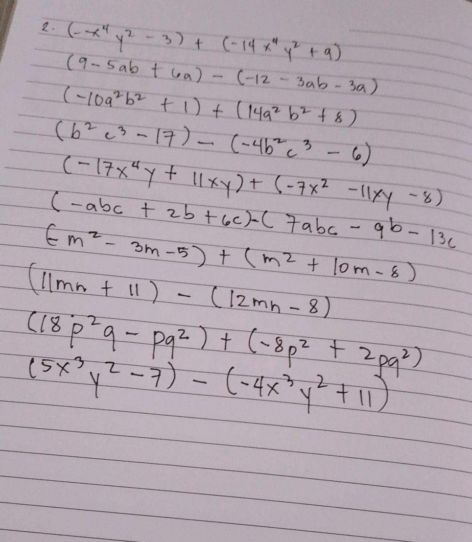 2. $(-x^4y^2 - 3) + (-14x^4y^2 + 9)$ $(9 - | StudyX