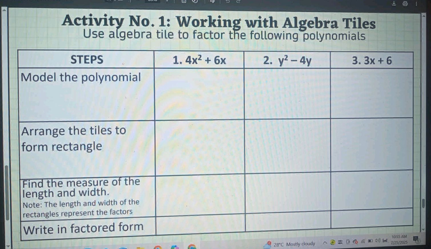 Activity No. 1: Working with Algebra Tiles | StudyX