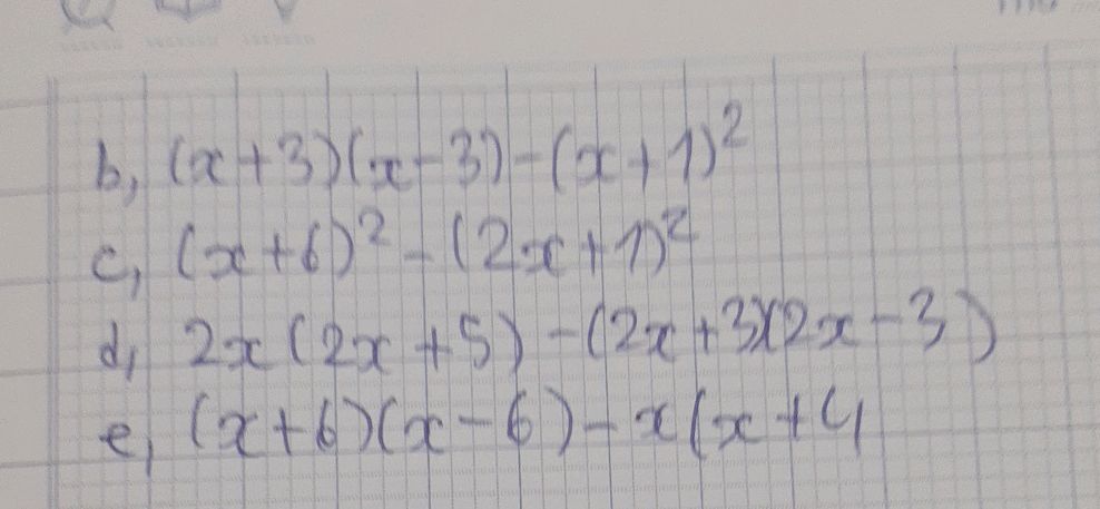 b, $(x+3)(x-3)-(x+1)^2$ c,