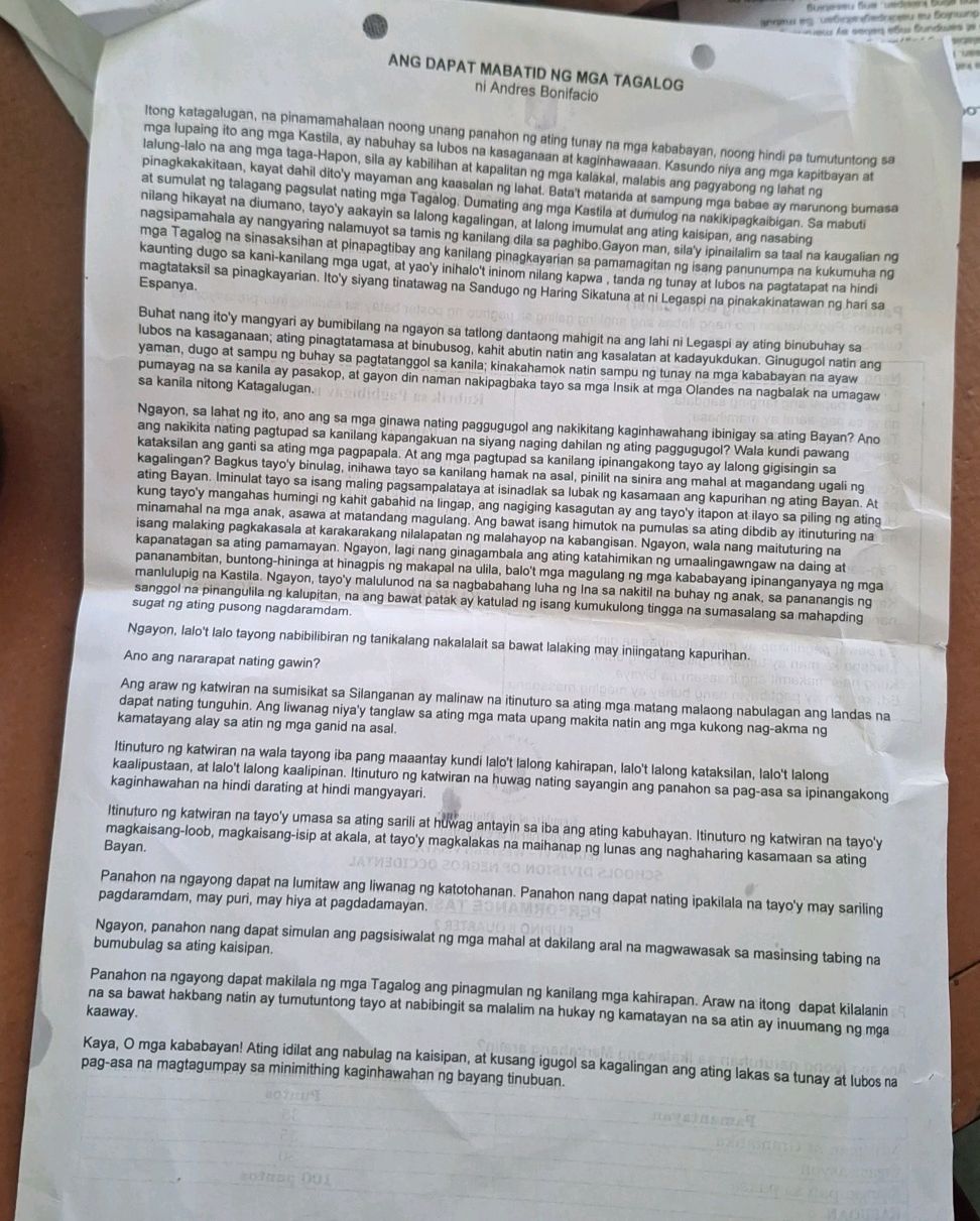 ANG DAPAT MABATID NG MGA TAGALOG ni Andres | StudyX