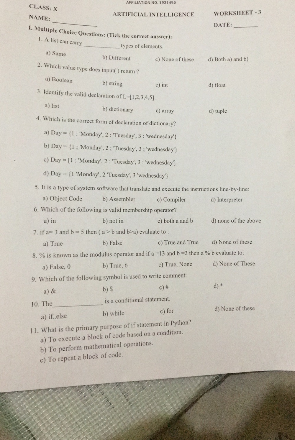I. Multiple Choice Questions: (Tick the | StudyX
