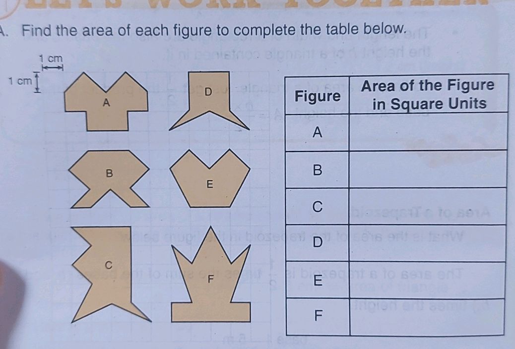 Find the area of each figure to complete the
