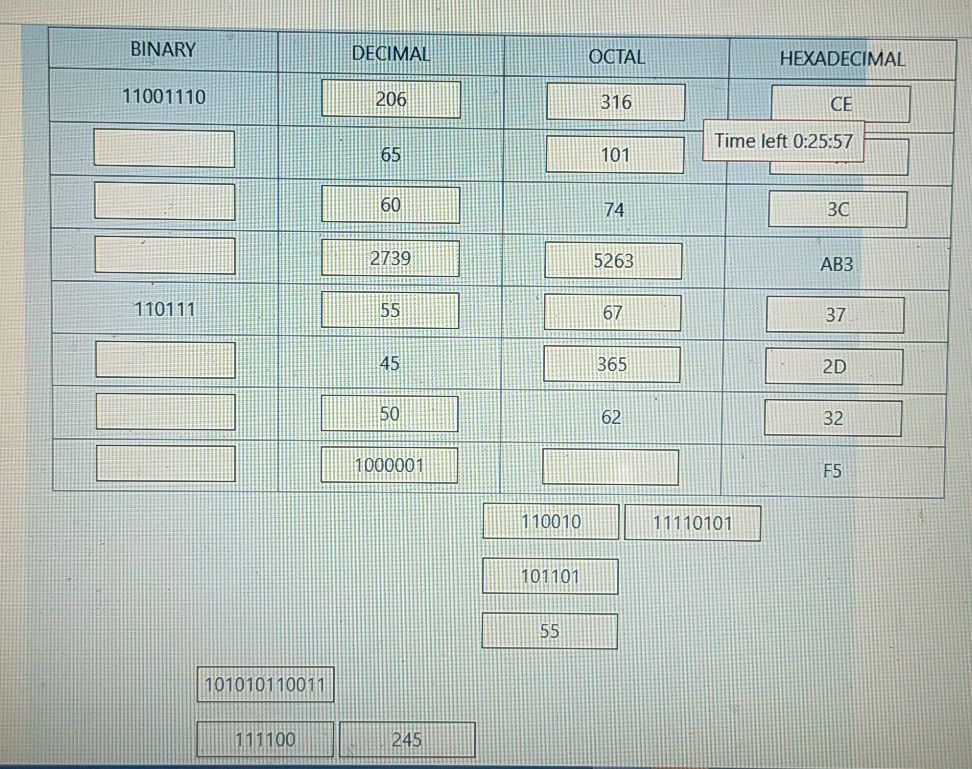 | BINARY | DECIMAL | OCTAL | HEXADECIMAL | | StudyX