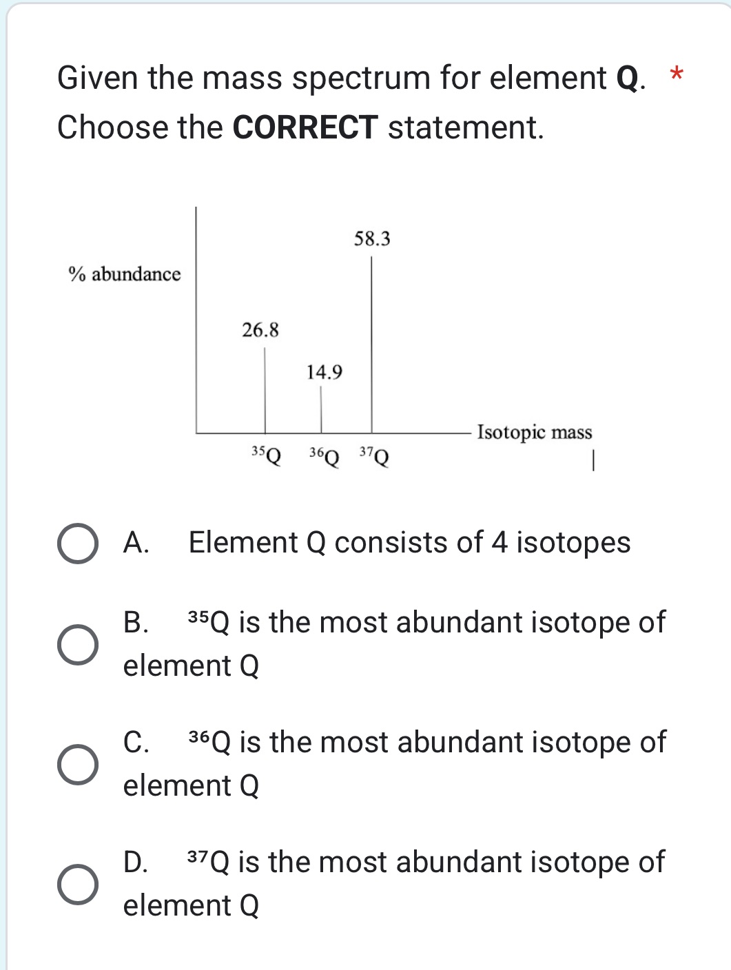 Given the mass spectrum for element Q.