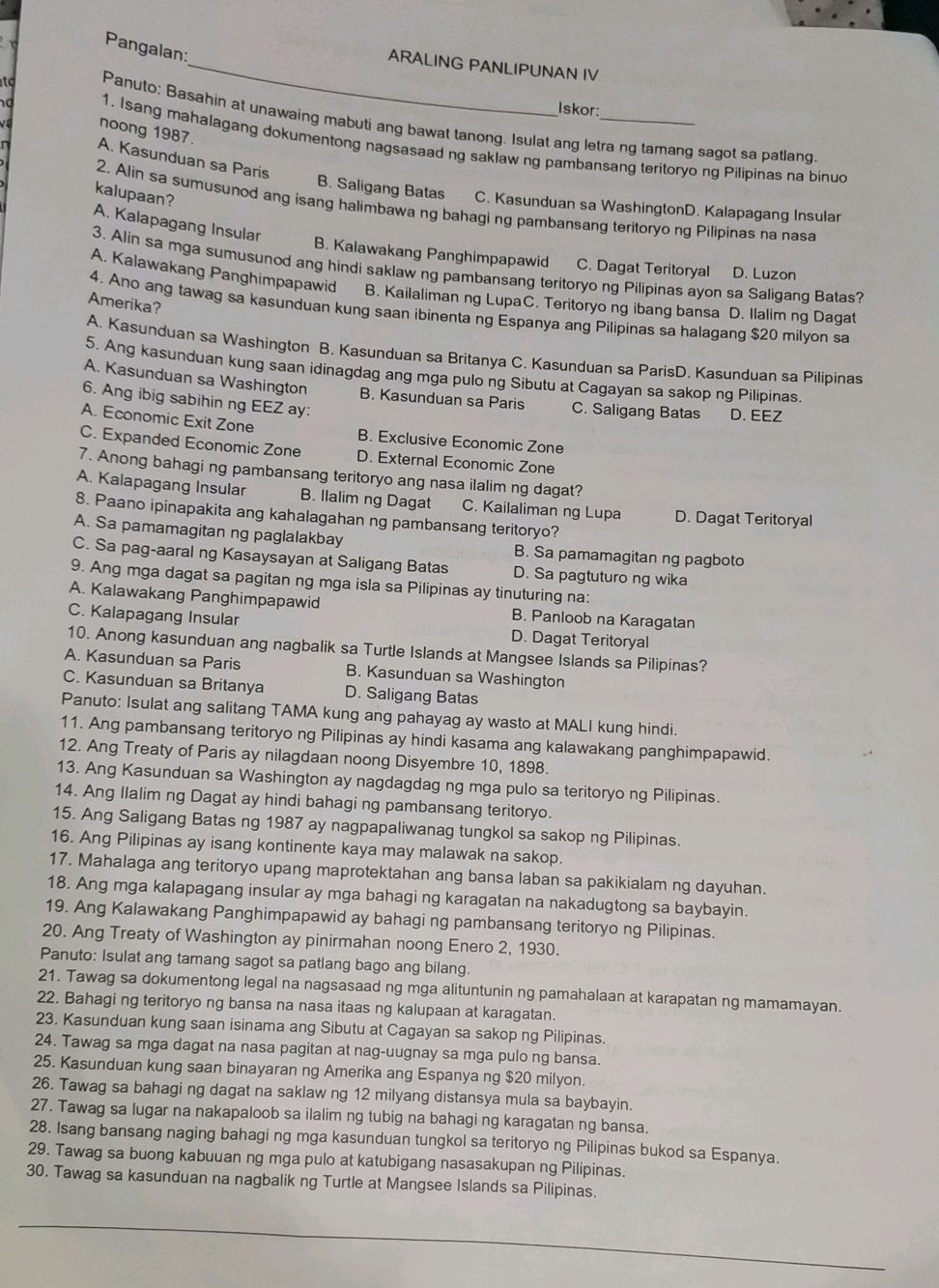 Pangalan: ARALING PANLIPUNAN IV Panuto: | StudyX