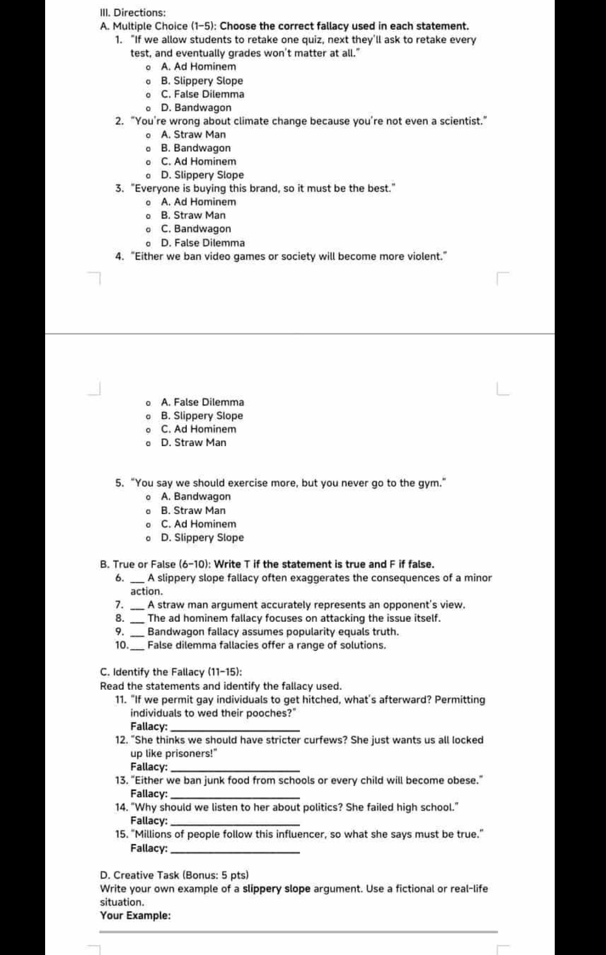 III. Directions: A. Multiple Choice (1-5): | StudyX