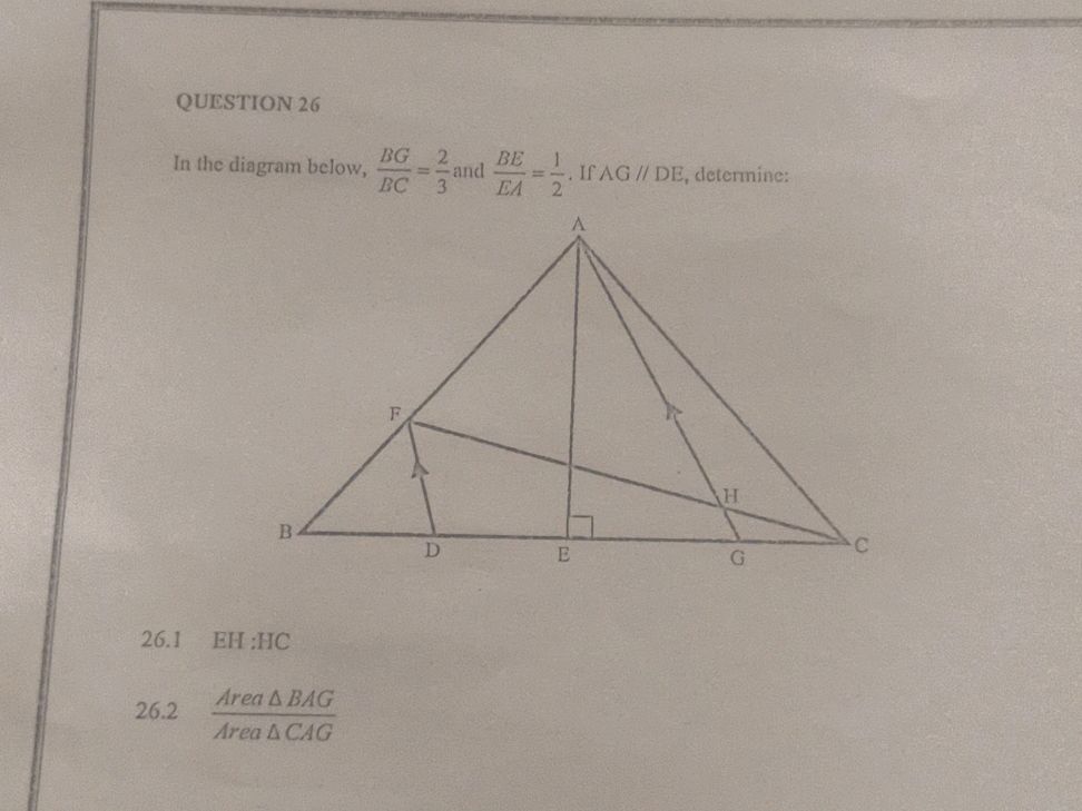 In the diagram below, $ {BG}{BC} = {2}{3}$