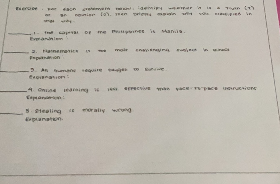 Exercise: For each statement below, identify | StudyX