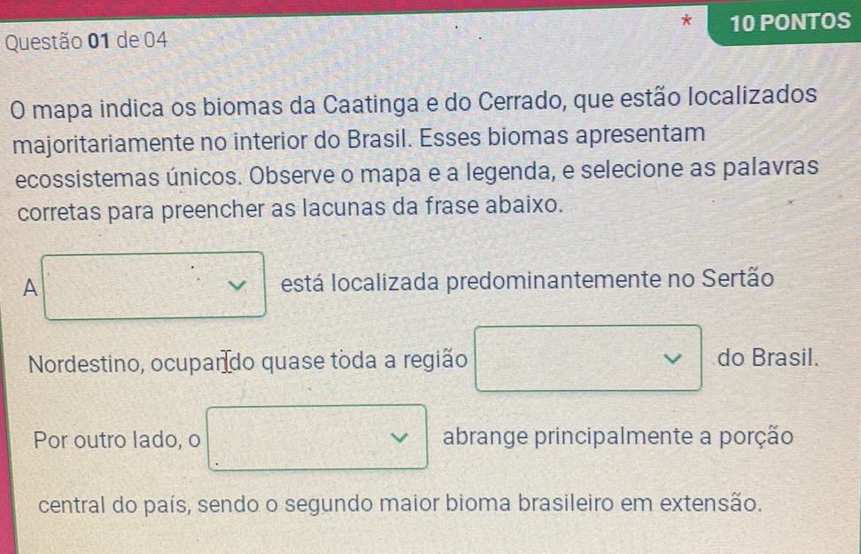 O mapa indica os biomas da Caatinga e do