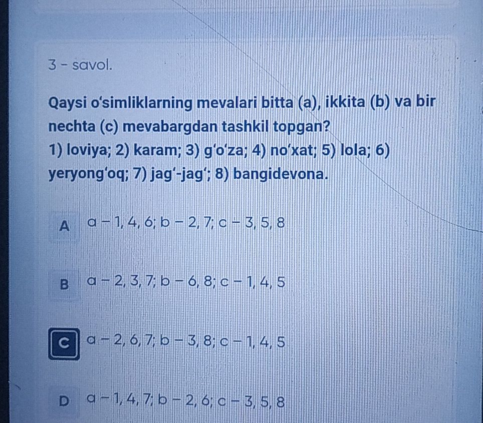 3 - savol. Qaysi o'simliklarning mevalari | StudyX