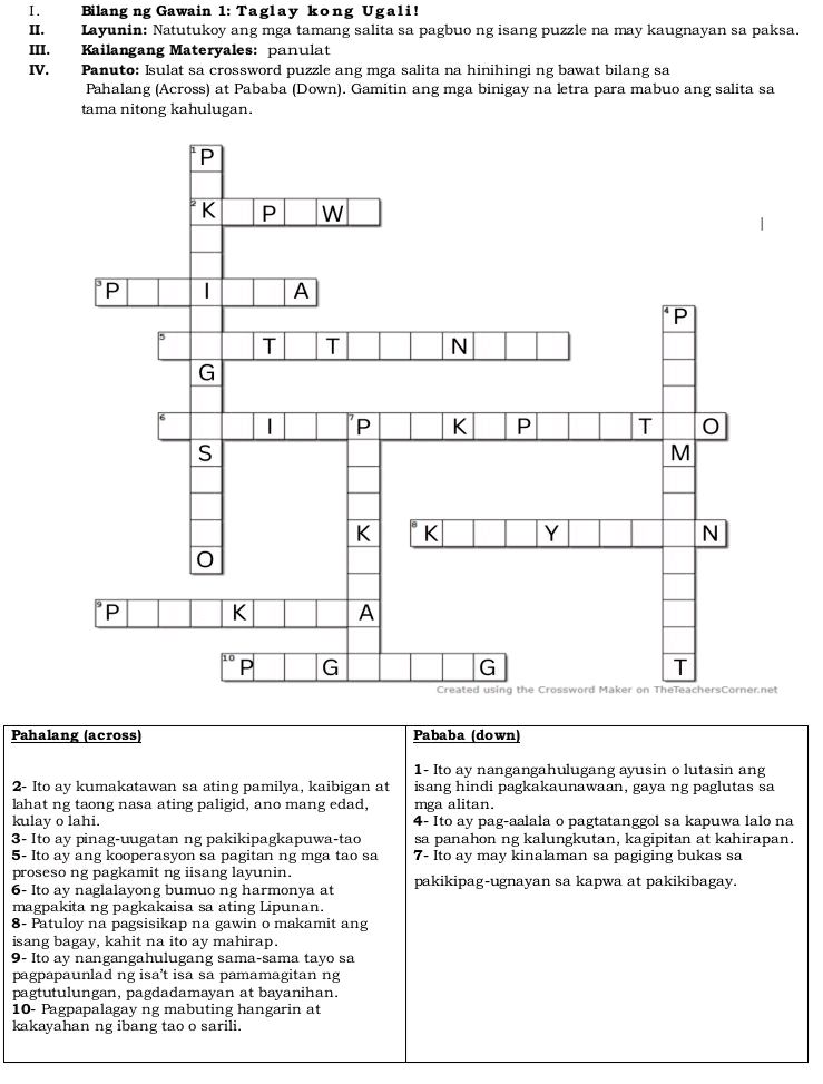 I. Bilang ng Gawain 1: Taglay kong Ugali! | StudyX