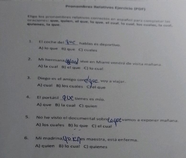 Elige los pronombres relativos correctos en | StudyX