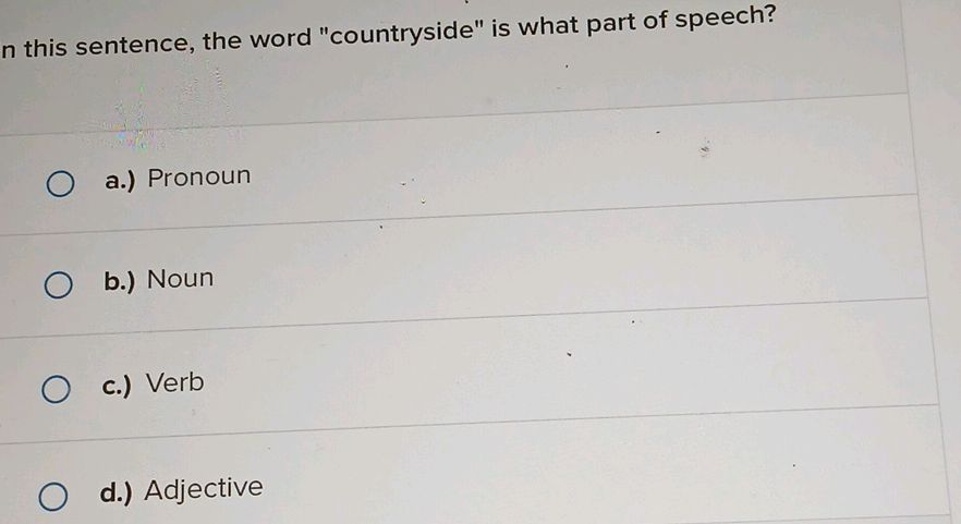 In this sentence, the word "countryside" is | StudyX