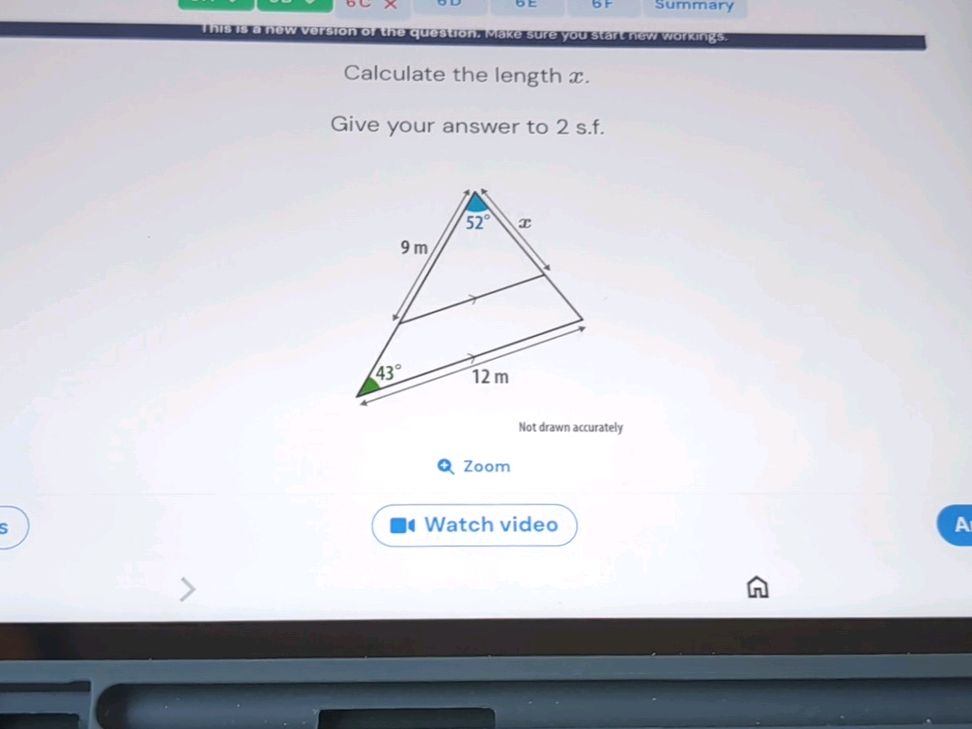 Calculate the length $x$. Give your answer