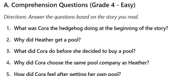 A. Comprehension Questions (Grade 4 - Easy) | StudyX