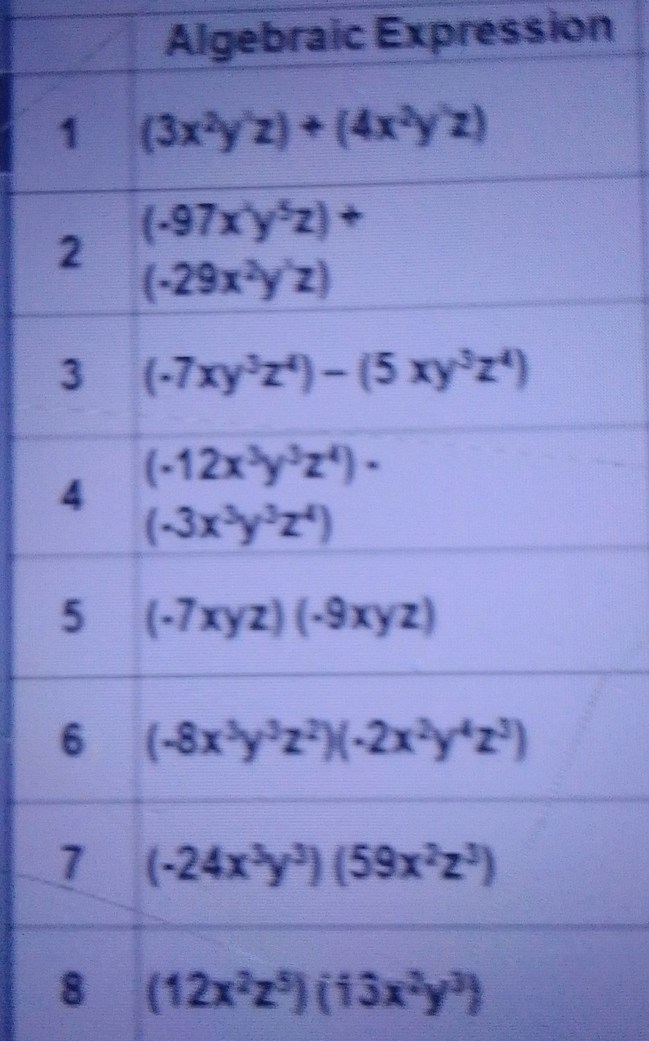 Algebraic Expression 1. $(3x^2y^1z) + | StudyX