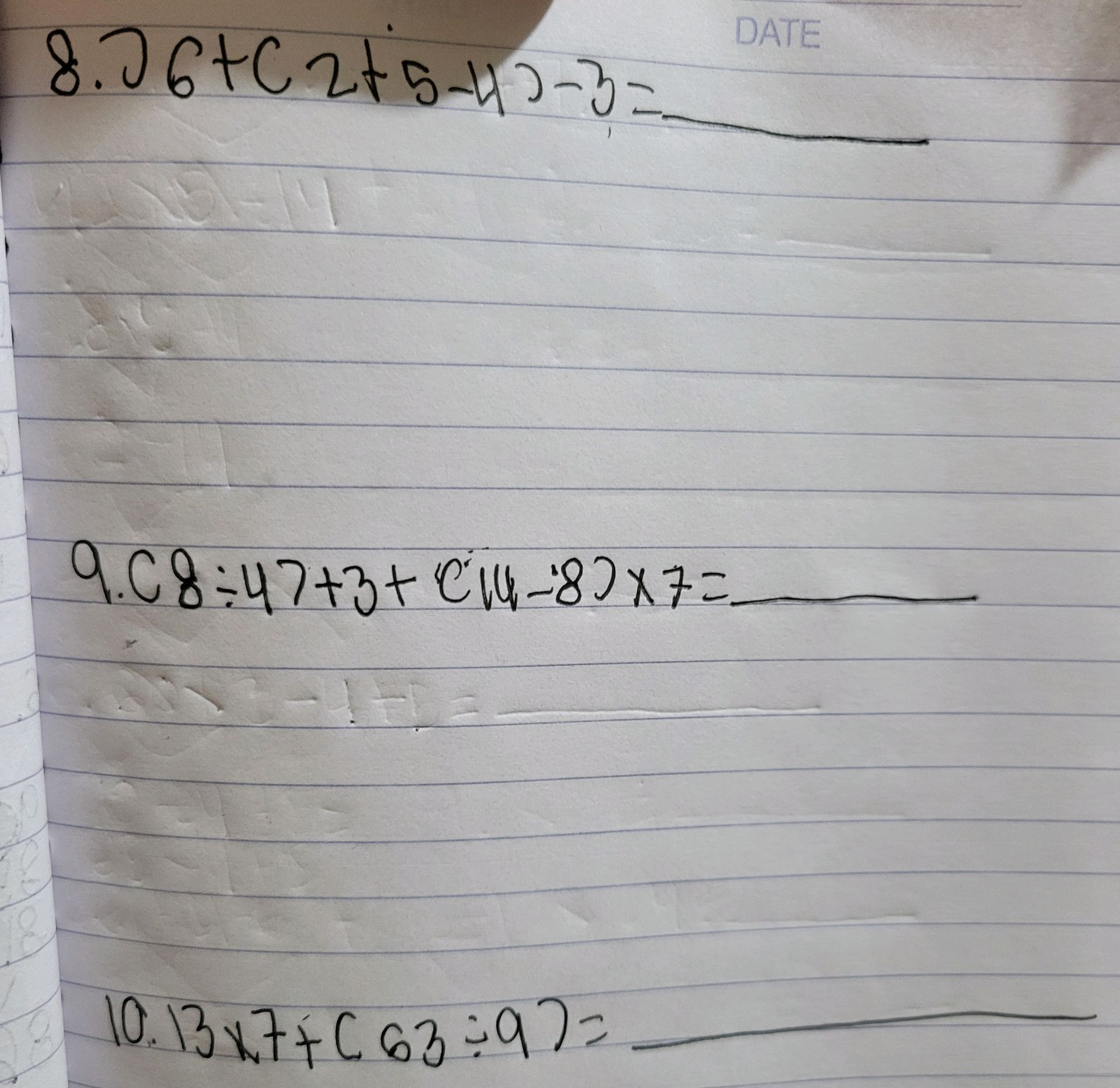 6 + C2 + 5 - 4 - 3 = 9. C8 ÷ 47 + 3 + C(14