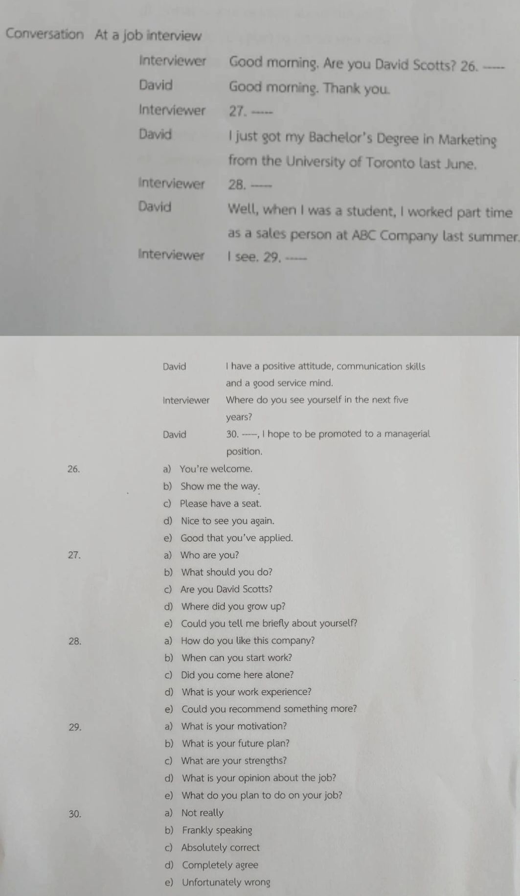 Conversation At a job interview Interviewer