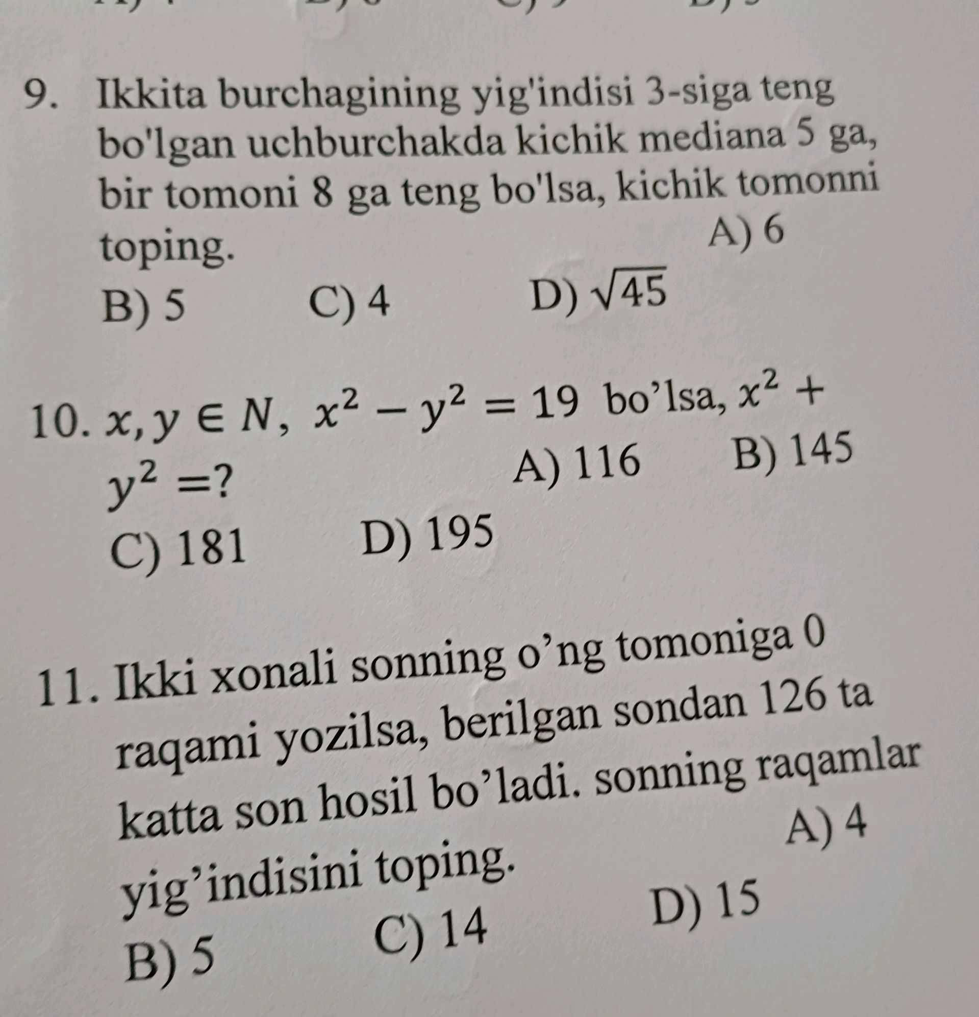9. Ikkita burchagining yig'indisi 3-siga | StudyX
