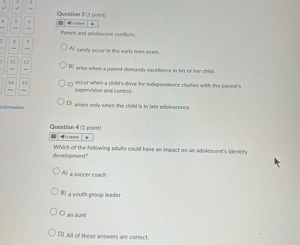 Question 3 (1 point) Parent and adolescent | StudyX