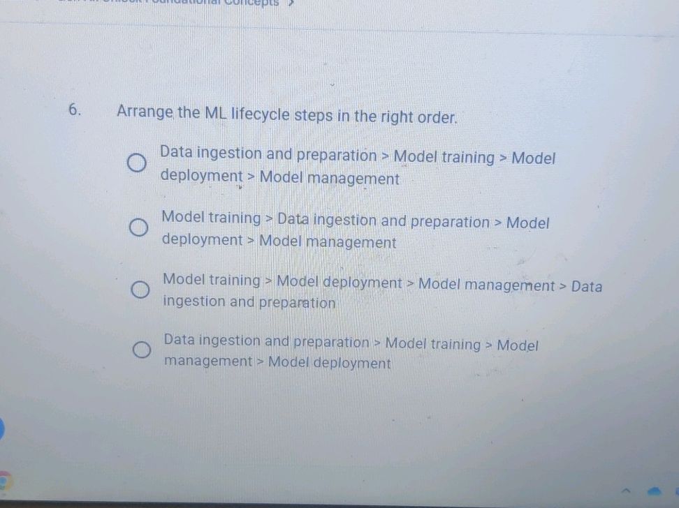 6. Arrange the ML lifecycle steps in the | StudyX