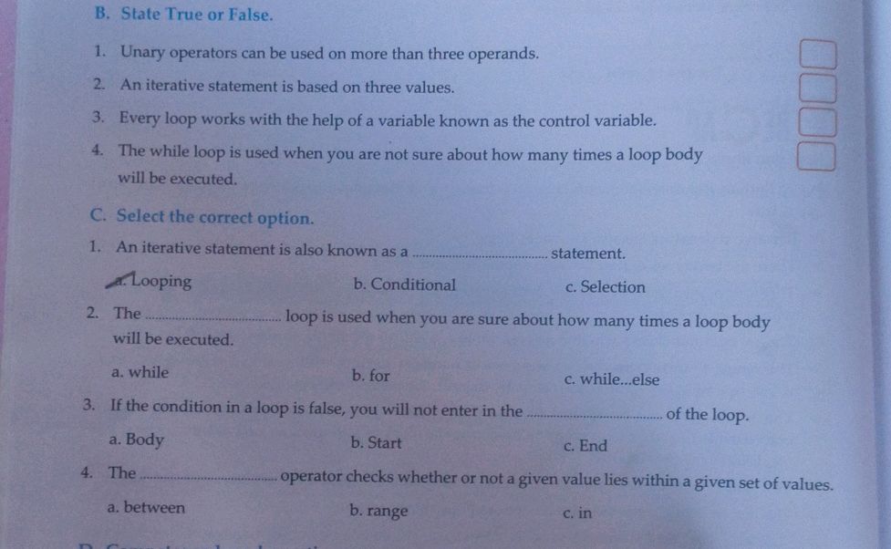B. State True or False. 1. Unary operators | StudyX