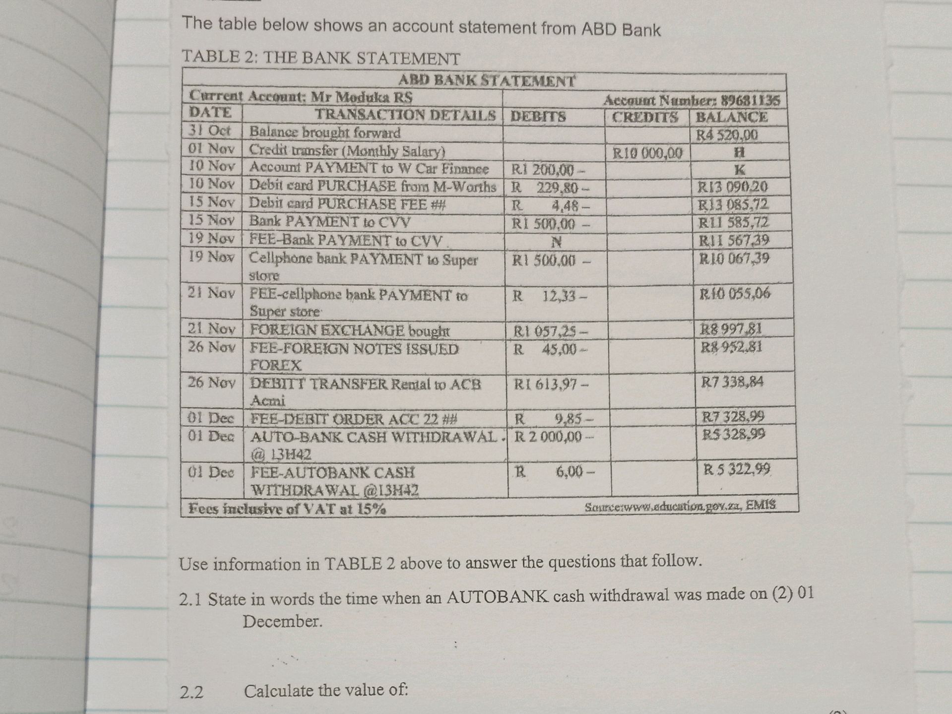 The table below shows an account statement | StudyX
