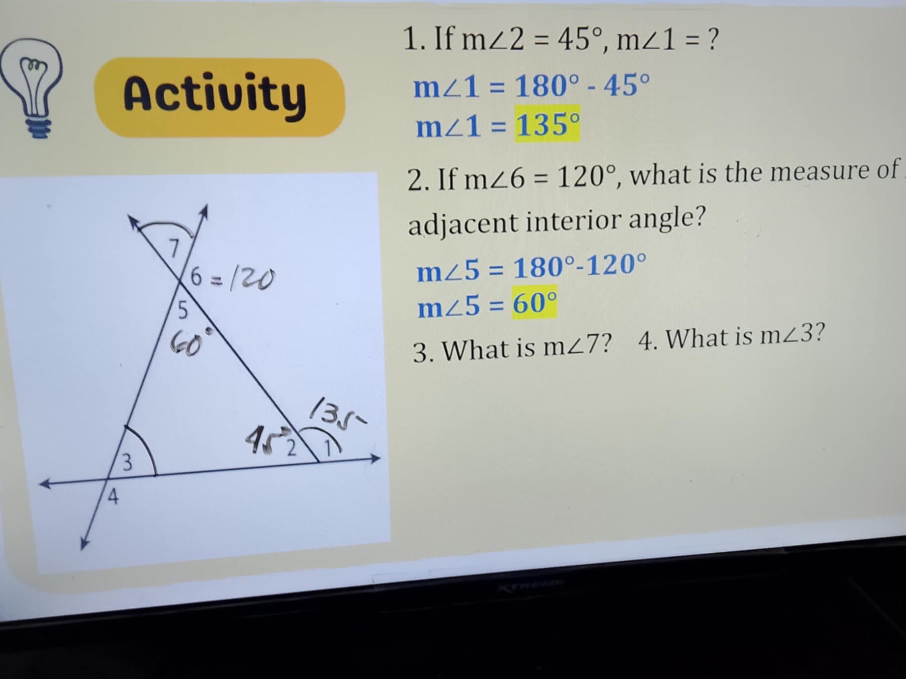 If $m 2 = 45^ $, $m 1 = ?$ $m 1 = 180^ - 45^